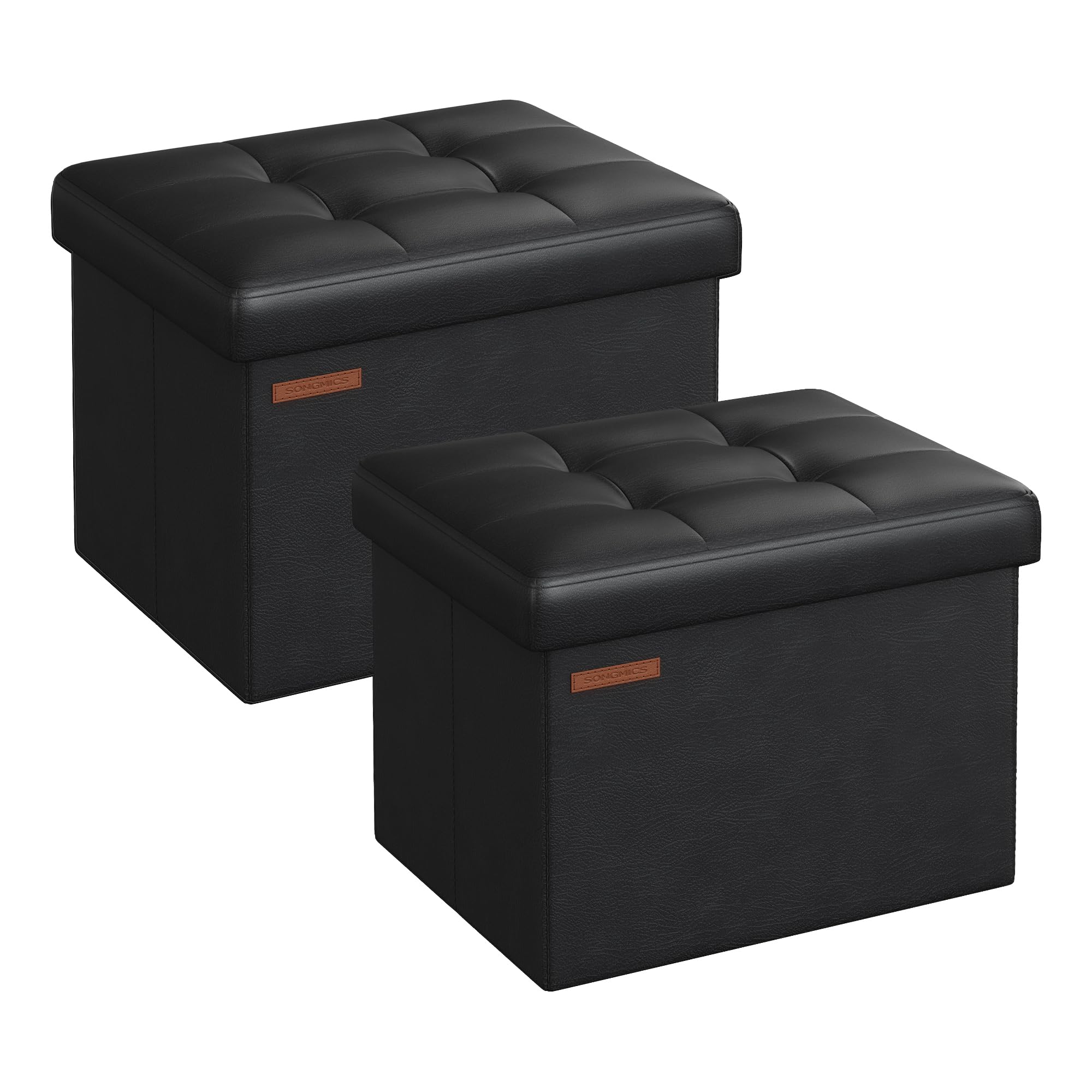 SONGMICS Small Folding Storage Ottoman, Set of 2, Foot Rest Stool, Cube Footrest, Synthetic Leather, 12.2 x 16.1 x 12.2 Inches, 286 lb Capacity, Living Room, Bedroom, Dorm, Ink Black ULSF100B21