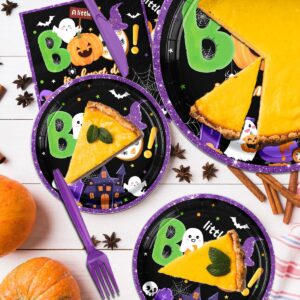 A Little Boo Is Almost Due Decorations-142Pcs Halloween Baby Shower Tableware Black Halloween Boo Plates and Napkins Set A little Baby Shower Party Supplies