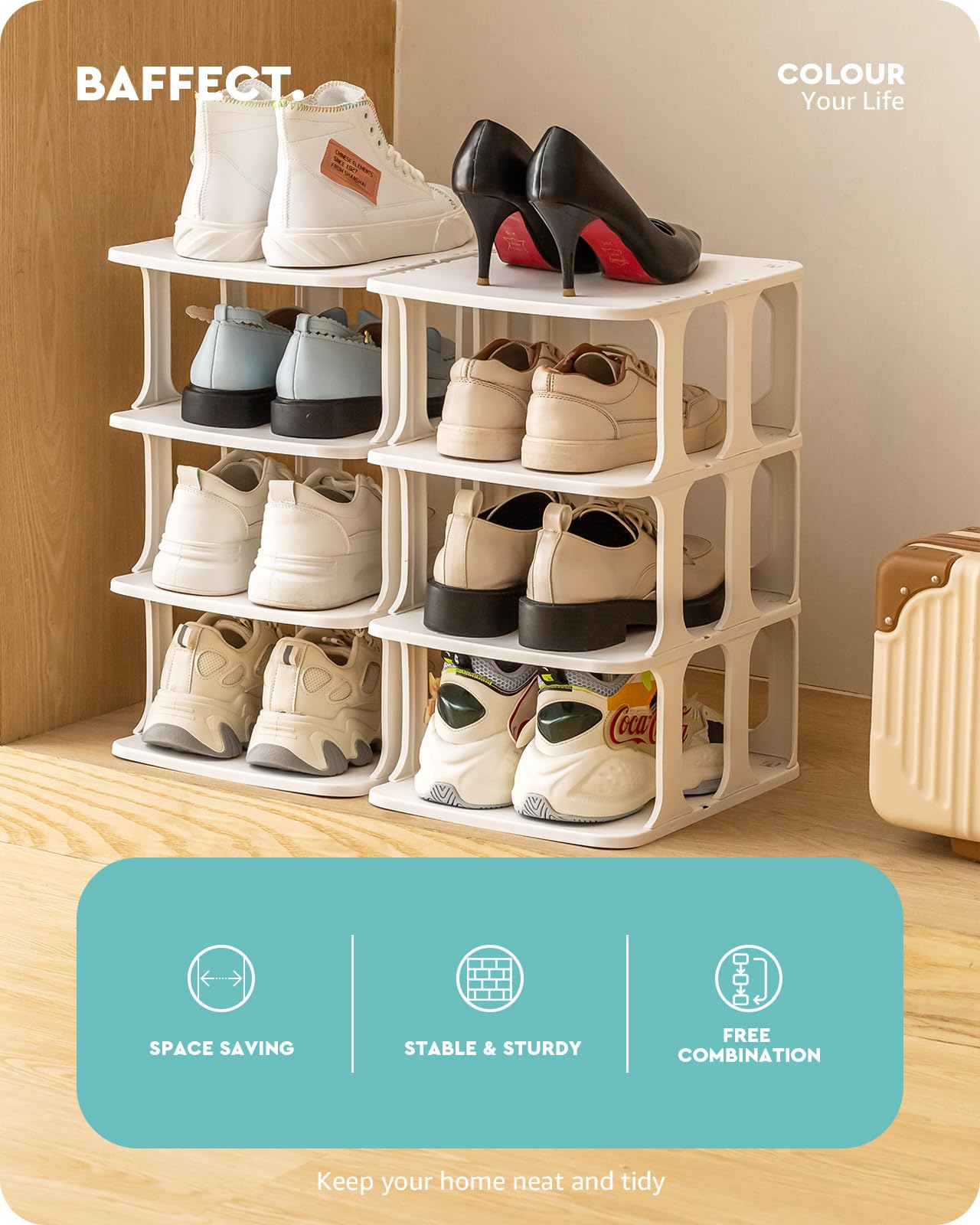 Baffect 8 Tier Shoe Rack, Free Standing Shoe Storage Organizer for Closet, Plastic Stackable Shoe Storage Tower, Vertical Shoe Holder for Entryway Space Saving Narrow Shoe Cabinet (White)