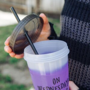 Wednesday "We Wear Black" Color-Changing Plastic Travel Tumbler | Includes Reusable Straw, Leak-Resistant Lid | Holds 24 Ounces