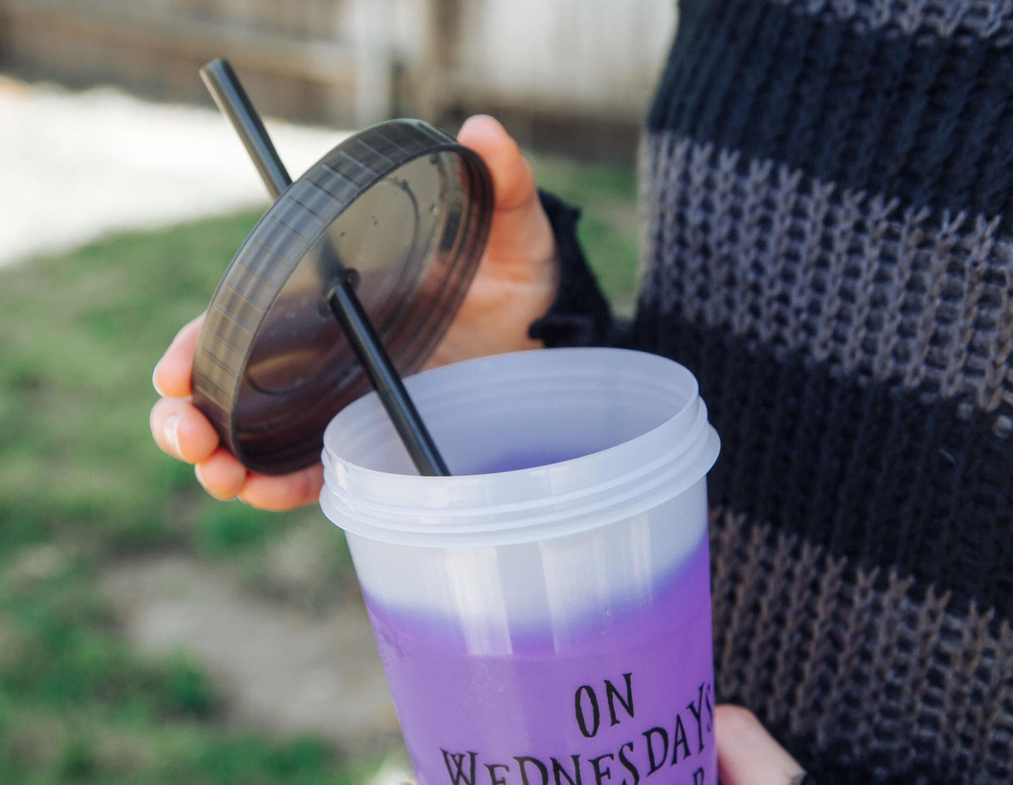 Wednesday "We Wear Black" Color-Changing Plastic Travel Tumbler | Includes Reusable Straw, Leak-Resistant Lid | Holds 24 Ounces