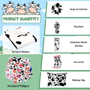 Bokon Cow Print Stuff for Girls, Cow Themed Set Include 50" x 60" Warm Plush Cute Blankets 20 oz Cow Tumbler Socks Cosmetic Bag Lipstick Holder Scrunchies Cow Sticker for Cow Lover