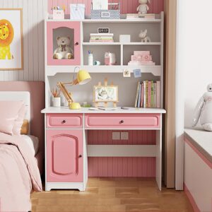 study desk with hutch & bookshelf & drawers,wooden computer desk home office desk teenager desk,cute writing study desk bookshelf combo for girl boy(31.5inch, pink)