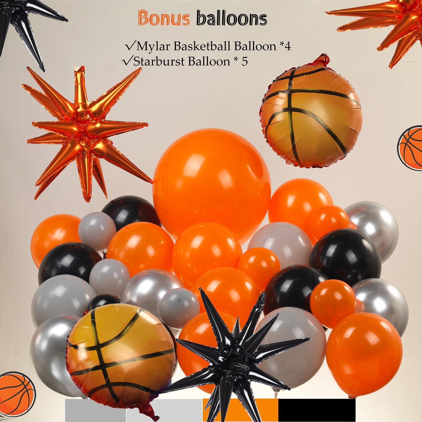 FROUFING Basketball Balloon Garland Arch Kit, 136pcs Orange Gray Black White and Silver with Foil Star Balloons for 1st Birthday Party Baby Shower Sports Theme Supplies Decorations