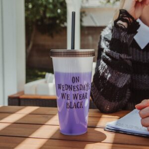 Wednesday "We Wear Black" Color-Changing Plastic Travel Tumbler | Includes Reusable Straw, Leak-Resistant Lid | Holds 24 Ounces