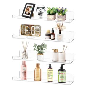 dezzer 4 pack acrylic shelves for wall, 15" clear acrylic floating shelves for bathroom bedroom, invisible bookshelf wall ledge storage shelf books perfume toys action figure display shelves