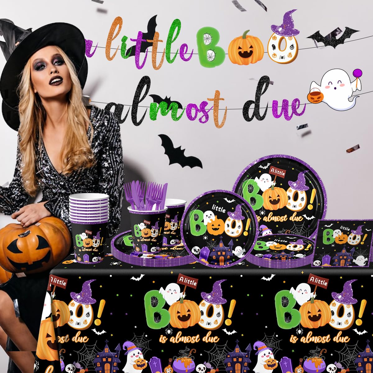 A Little Boo Is Almost Due Decorations-142Pcs Halloween Baby Shower Tableware Black Halloween Boo Plates and Napkins Set A little Baby Shower Party Supplies