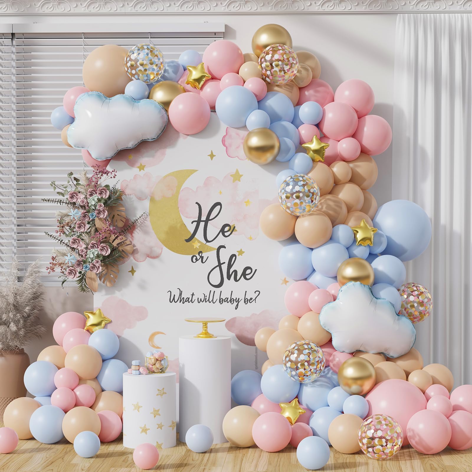 Gender Reveal Cloud Balloon Garland Arch Kit 151PCS Pastel Pink and Blue Confetti Balloon for He or She Gender Reveal Birthday Party Decorations