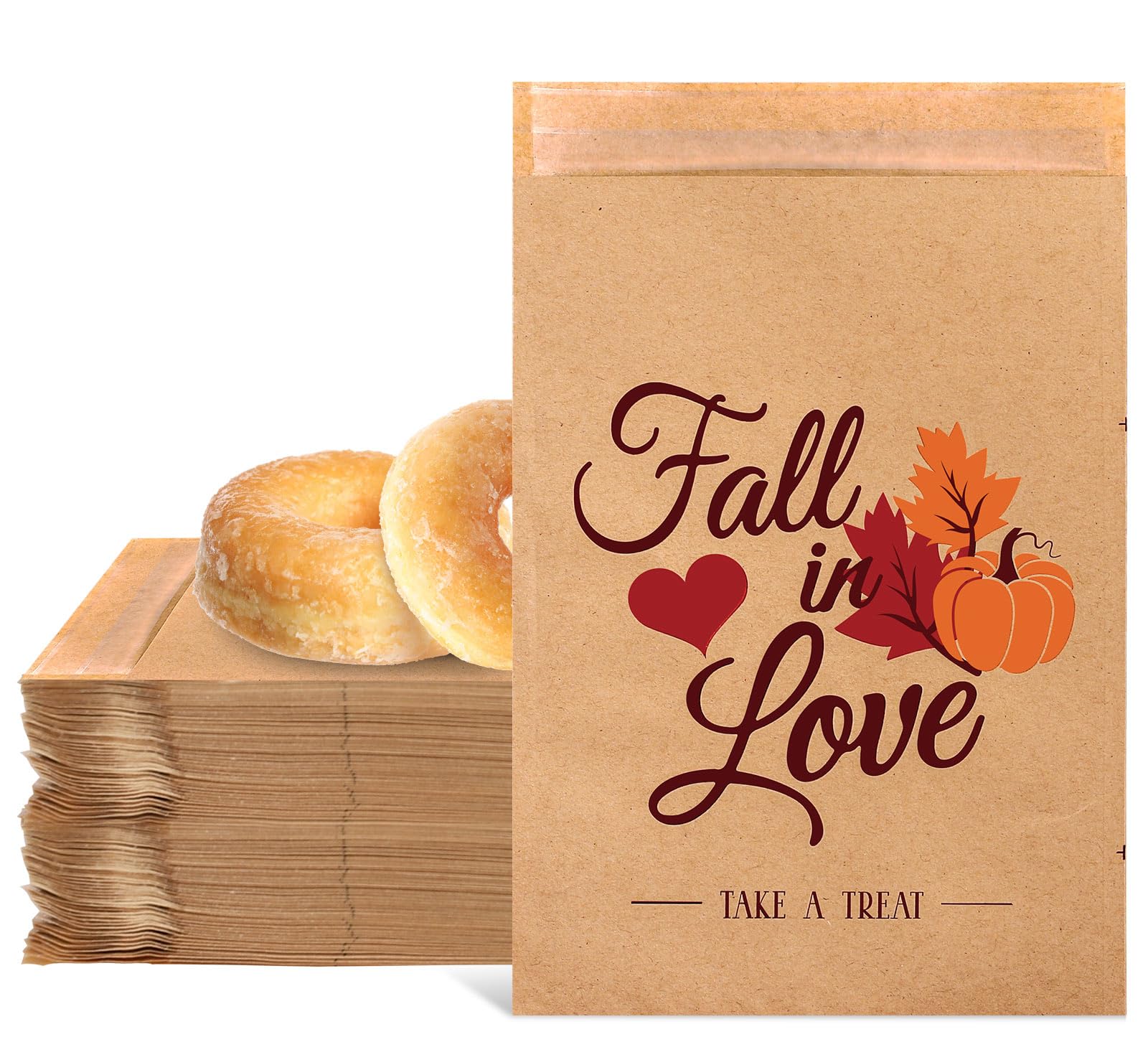 Whaline 100 Pack Fall Wedding Favor Candy Bags Fall in Love Treat Bags Pumpkin Maple Leaves Self-Adhesive Buffet Kraft Paper Cookie Bags Party Favor Snack Bags for Autumn Wedding Gift, 5x7.1 Inch