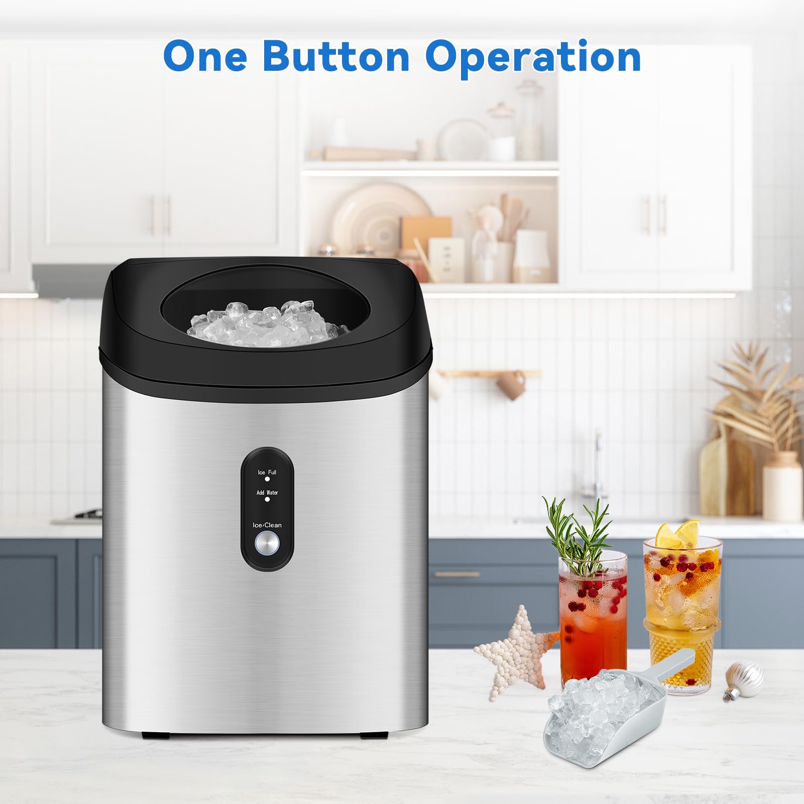 Garvee Compact Nugget Ice Maker, 33 lbs/Day Countertop Ice Maker with Soft Chewy Pellet Ice, Pebble Ice Machine with Ice Scoop & Basket for Home, 6 Minutes Ice Making, One-Click Operation, Low Noise