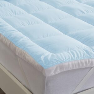 great bay home queen cooling mattress topper. thick, elastic corner mattress pad. ultra-soft cooling pillowtop mattress cover & protector. fits mattresses up to 18” (queen, light blue)