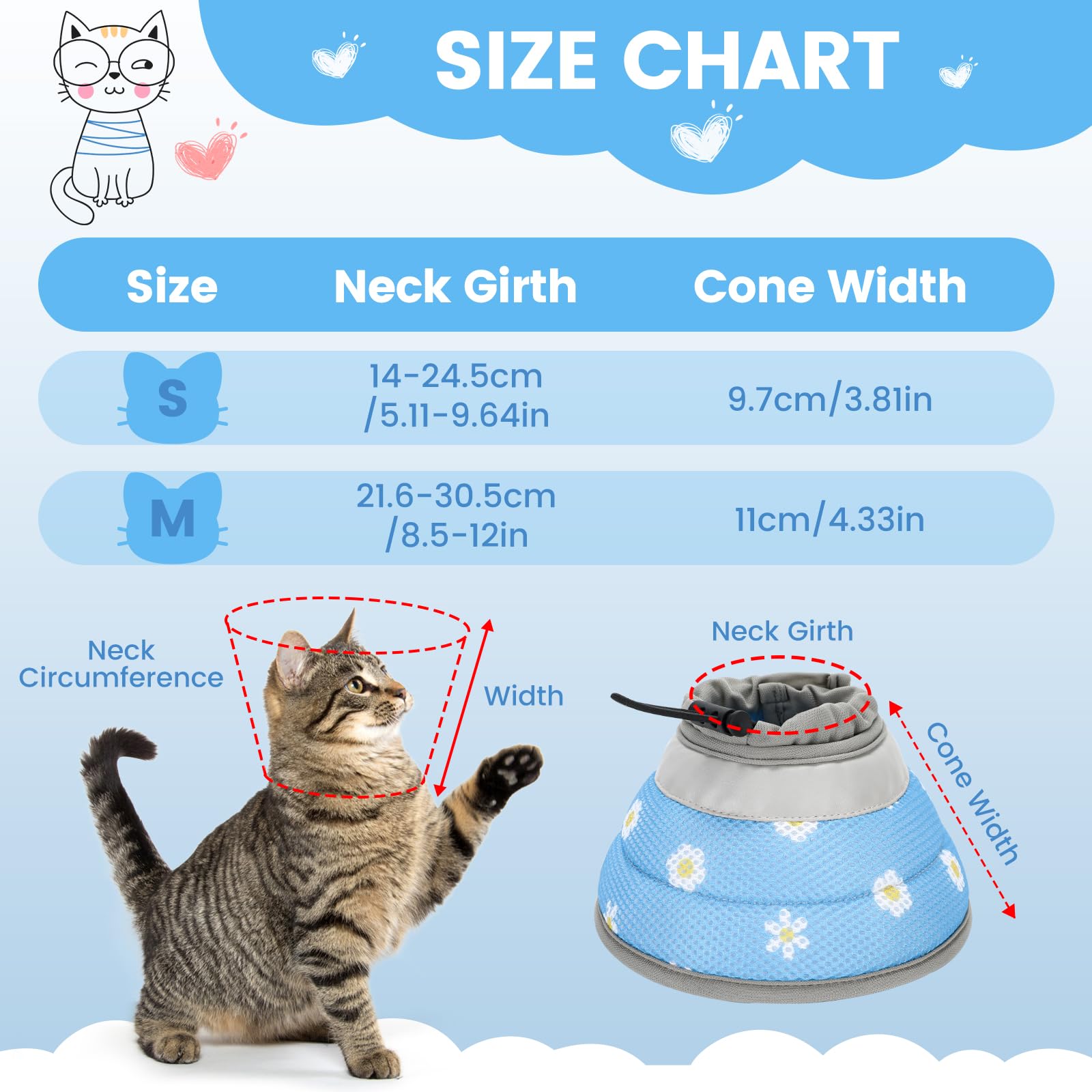 HAPPY HACHI Cat Cone Collar, Adjustable Cat Recovery Collar, Soft Pet Cone After Surgery Recovery Lightweight Elizabethan Collars for Kitten Puppy Anti Scratch