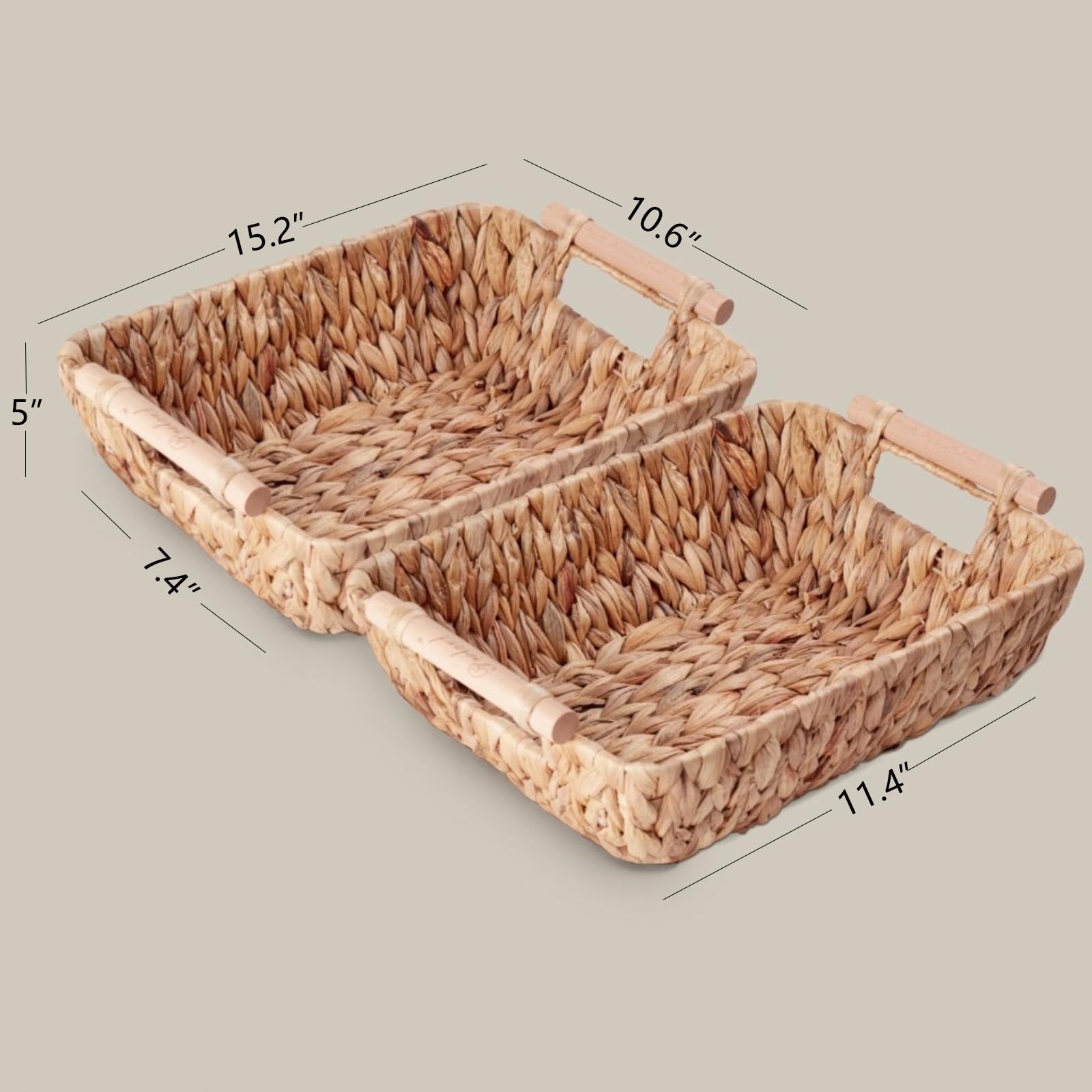 Storage Basket Hand-Woven Large Storage Baskets with Wooden Handles, Water Hyacinth Wicker Baskets for Organizing, 2-Pack