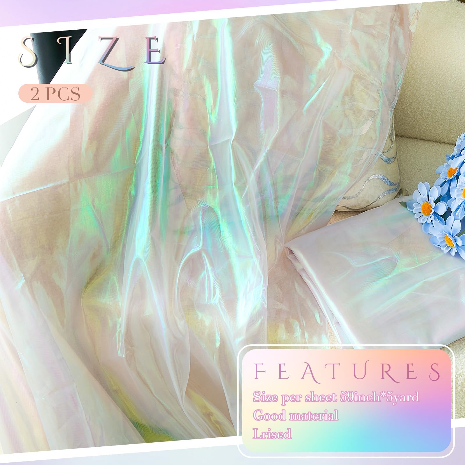 Timgle 10 Yrad Sheer Iridescent Organza Fabric 59 Inches Wide Rainbow Laser Holographic Gauze Fabric for Shinny Wedding Dress Curtain Photography Background DIY Supplies Home Decor(10 Yrad)