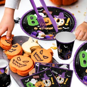 A Little Boo Is Almost Due Decorations-142Pcs Halloween Baby Shower Tableware Black Halloween Boo Plates and Napkins Set A little Baby Shower Party Supplies