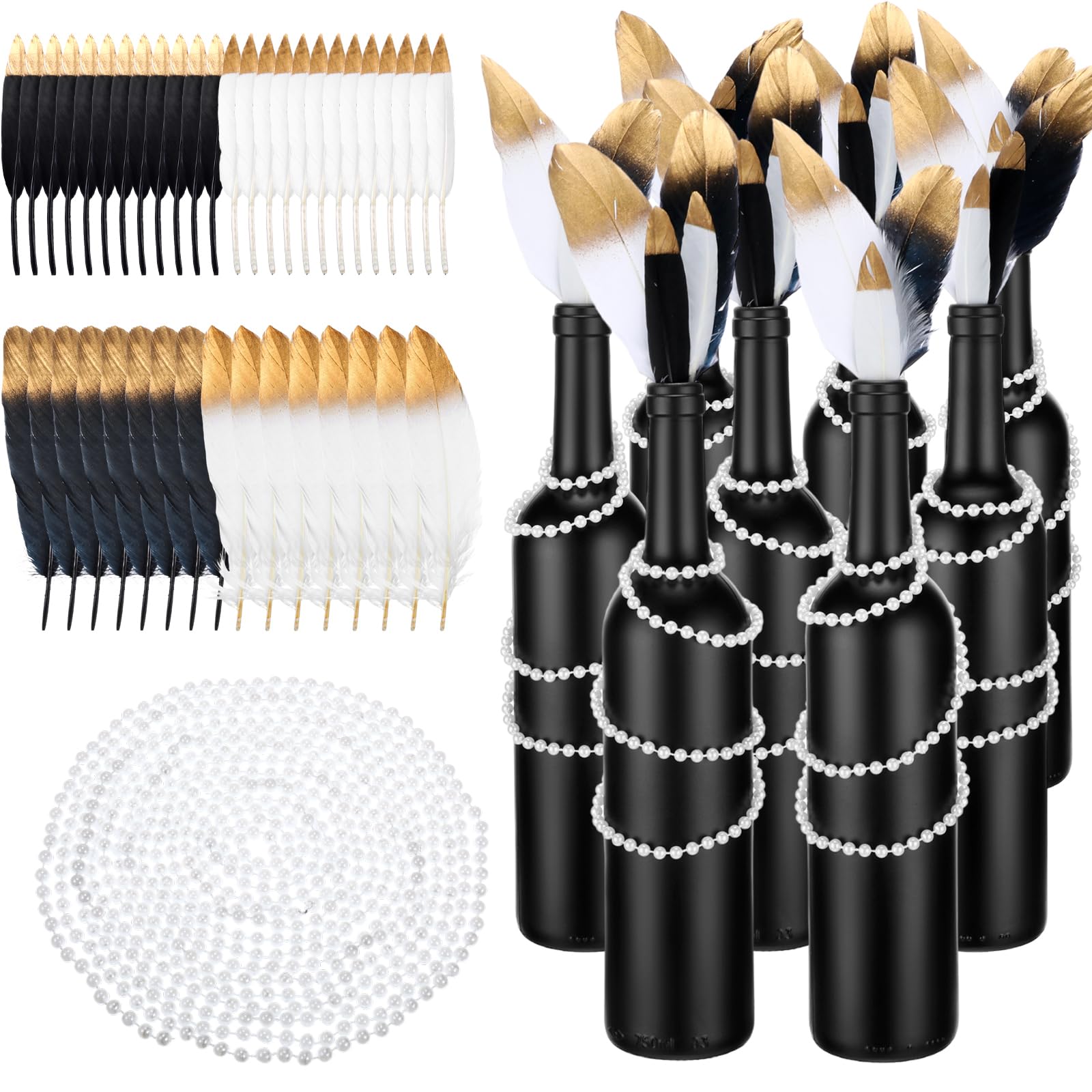 Umigy 49 Pcs Roaring 20s Party Decorations 8 Matte Coated Glass Wine Bottles 40 Dipped Feather 16.4 feet Long String of Pearls Bead for 1920s Themed Wedding Cake Table Centerpiece (Black)