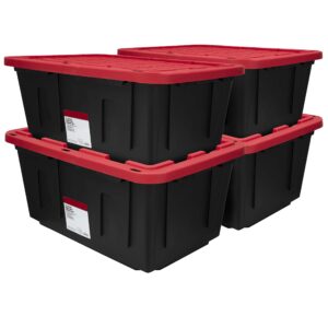 mioedi 27 gallon stackable snap lid plastic storage bin container, black with red lid, set of 4, black/red