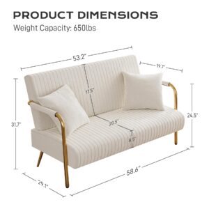 DAMAIFROM Modern Velvet Loveseat Sofa, Upholstered Velvet Couch, Mid Century 2 Seater Couch with Gold Metal Legs, Comfy Love Seat Small Couches for Living Room, Small Spaces (Beige White)