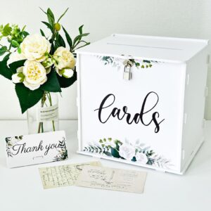 cyaooi white wedding card box with lock, pvc party card box for wedding reception, floral wedding money envelope gift card holder box for graduation birthday baby shower decorations