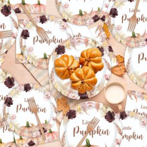 96 Pcs Fall Boho Pumpkin Party Plates and Napkins Set Baby Shower Happy Birthday Party Supplies Decorations for Kid Fall Leaves Pampas Grass Party Disposable Dinnerware Tableware Kit, Serves 24