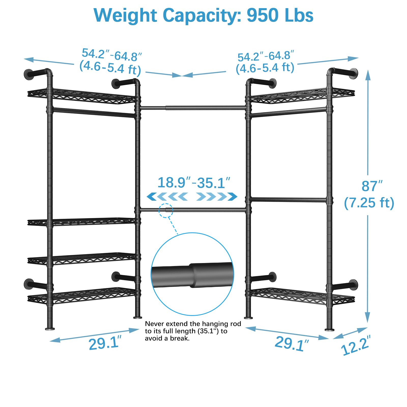 Timate L3 L Shape Garment Rack Heavy Duty Clothes Rack for Hanging Clothes, Expandable Industrial Pipe Wall Mounted Clothing Rack, Adjustable Corner Closet Wardrobe Closet Kit Closet Systems, Black