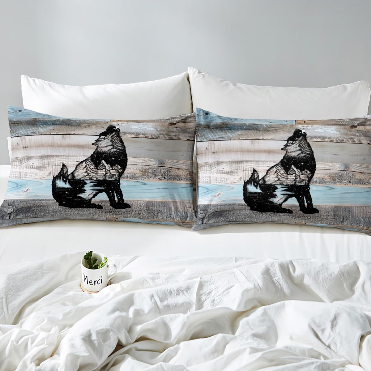 Wolf Duvet Cover Queen Rustic Farmhouse Style Bedding Set,Lodge Cabin Wood Comforter Cover Grey Blue Wooden Plank Woodland Wildlife Bed Set,Western Wild Animal Black Sketch Drawing Room Decor