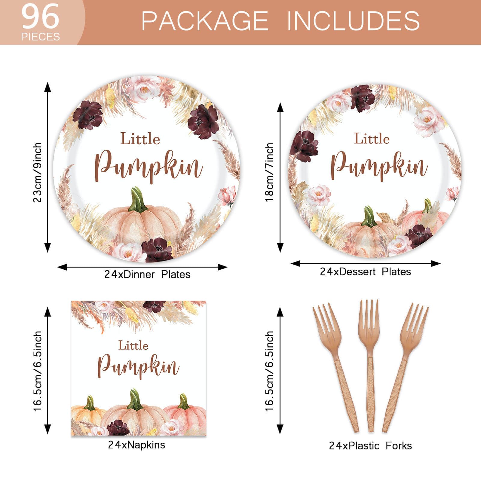 96 Pcs Fall Boho Pumpkin Party Plates and Napkins Set Baby Shower Happy Birthday Party Supplies Decorations for Kid Fall Leaves Pampas Grass Party Disposable Dinnerware Tableware Kit, Serves 24