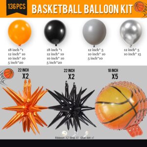 FROUFING Basketball Balloon Garland Arch Kit, 136pcs Orange Gray Black White and Silver with Foil Star Balloons for 1st Birthday Party Baby Shower Sports Theme Supplies Decorations