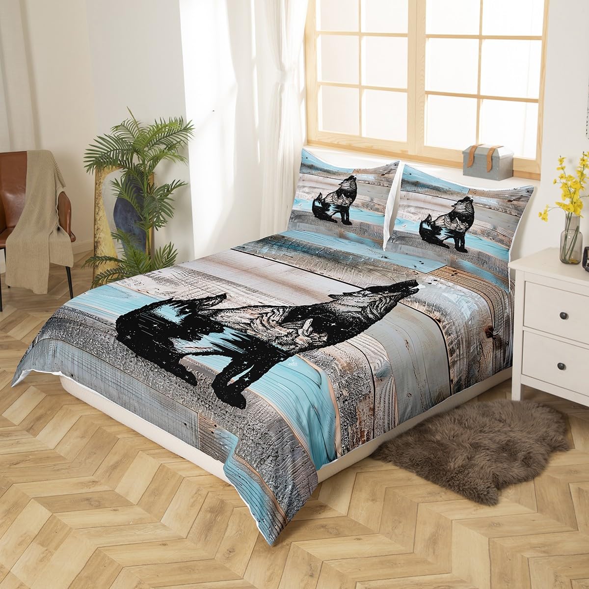 Wolf Duvet Cover Queen Rustic Farmhouse Style Bedding Set,Lodge Cabin Wood Comforter Cover Grey Blue Wooden Plank Woodland Wildlife Bed Set,Western Wild Animal Black Sketch Drawing Room Decor