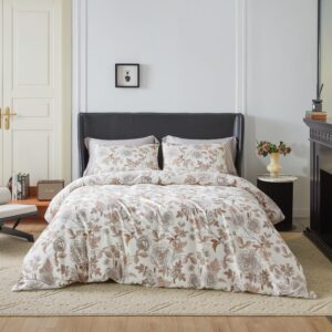 yuheguoji taupe botanical duvet cover queen 100% egyptian cotton brown floral duvet cover 3 pcs set 1 farmhouse flower duvet cover with zipper ties 2 pillowcases rose plant bedding set soft