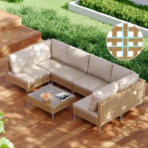 grand patio 7-piece wicker patio furniture set, outdoor sectional conversation sofa couch set with beige cushions thickened water resistant cushions and glass table for lawn, garden, backyard