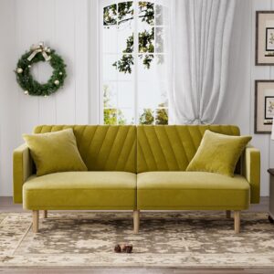 ouyessir futon sofa bed, convertible sleeper sofa with wood legs, 75.3“ splitback sofa with 2 pillows, velvet futon couch for living room (olive green)