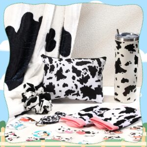 Bokon Cow Print Stuff for Girls, Cow Themed Set Include 50" x 60" Warm Plush Cute Blankets 20 oz Cow Tumbler Socks Cosmetic Bag Lipstick Holder Scrunchies Cow Sticker for Cow Lover