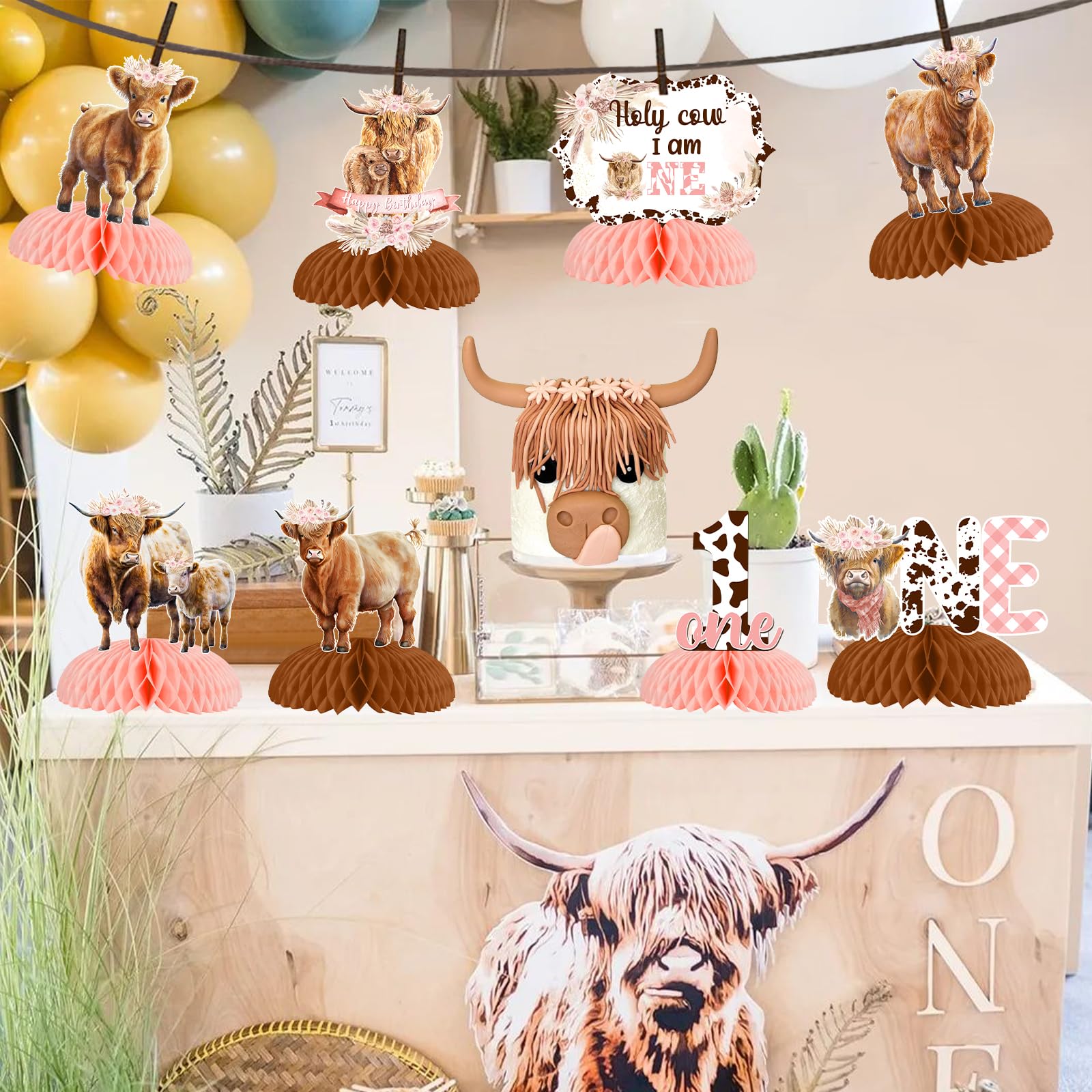 8 Pack Highland Cow Honeycomb Centerpieces Highland Cow 1st Birthday Decorations Girl Boho Floral Highland Cattle Table Decorations for Farm Animal Holy Cow Im One Birthday Party