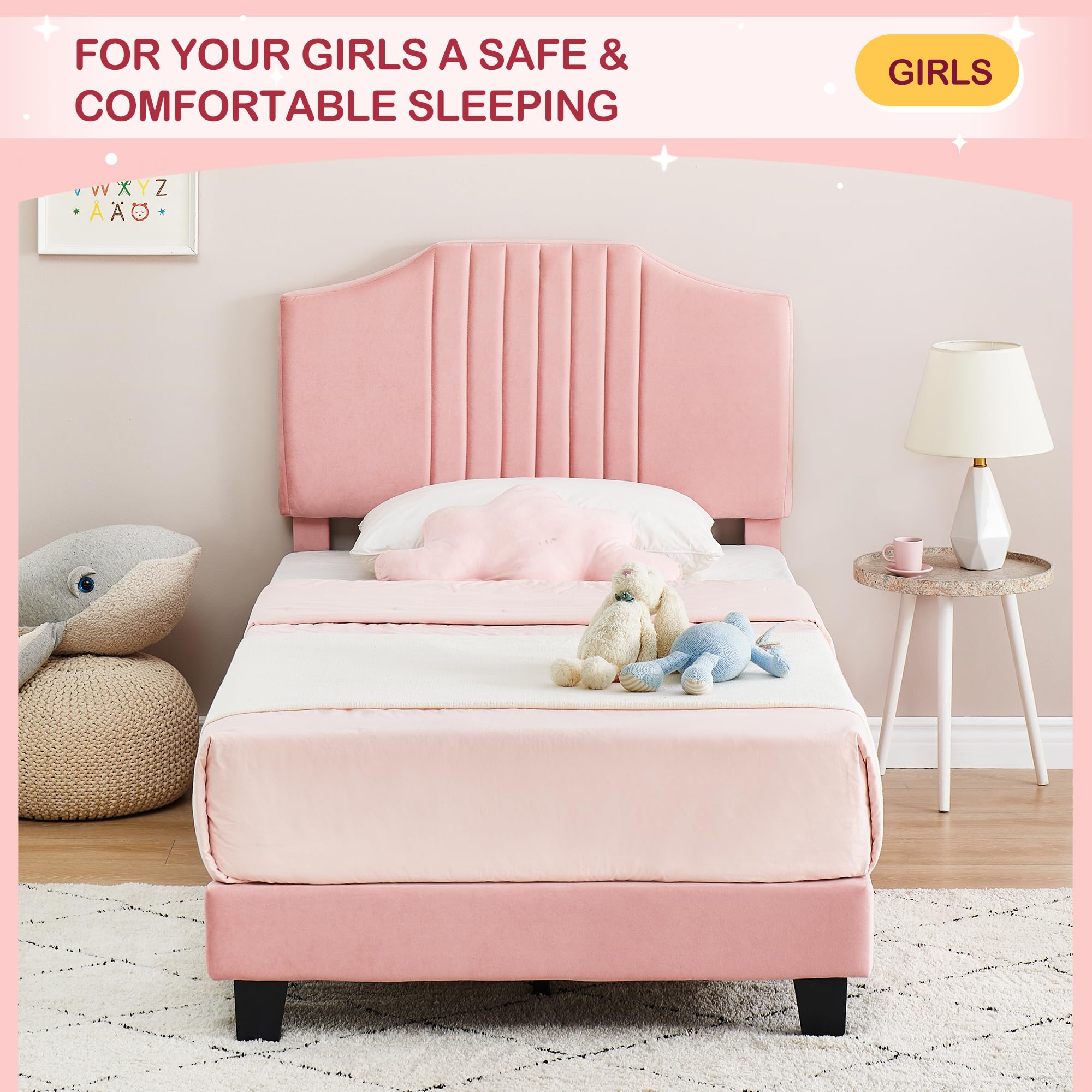 IDEALHOUSE Twin Bed Frame Upholstered Platform with Headboard, Strong Frame and Wooden Slats Support, Velvet Fabric Wrap, Non-Slip and Noise-Free,No Box Spring Needed, Easy Assembly, Pink