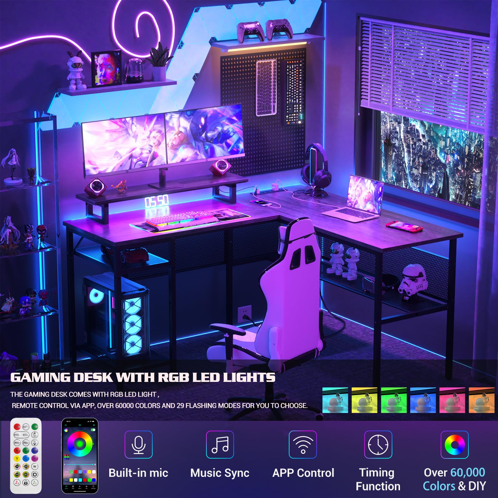 Unikito L Shaped Computer Desk with Magic Power Outlets and Smart LED Light, Reversible 55 Inch Corner Office Desk with Monitor Stand, Unique Grid Design, Gaming Table with Storage, Black Oak