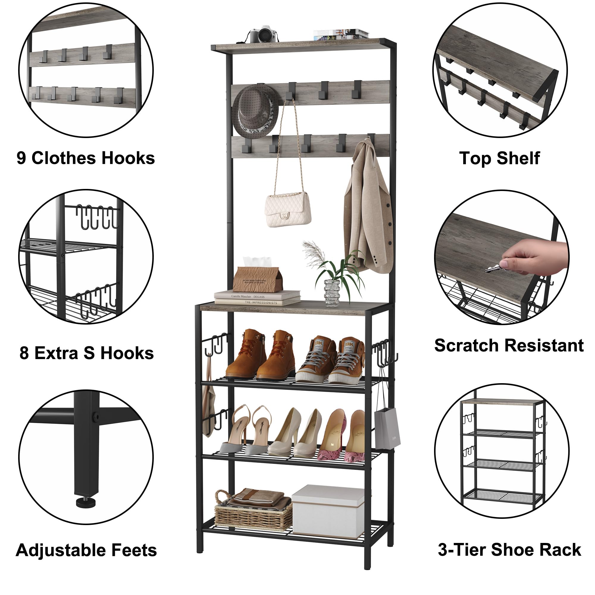 HOMEFORT Coat Rack with Shoe Storage, 5-Tier Shoe and Coat Rack with 9 Clothes Hooks, Freestanding Hall Tree Organizer for Entryway, Bedroom,Grey