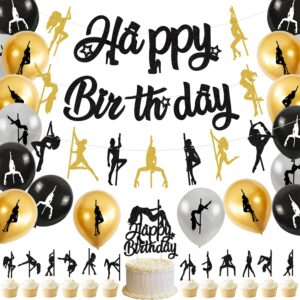 obussgar black gold pole dancer birthday party decorations, glitter pole dance happy birthday banner for bachelorette bridal shower birthday funny supplies