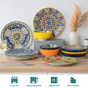 vancasso Dinner Plates Set of 6-10.5 Inch Ceramic Plates, Microwave, Oven and Dishwasher Safe, Colorful Bohemian Style Dishes for Kitchen