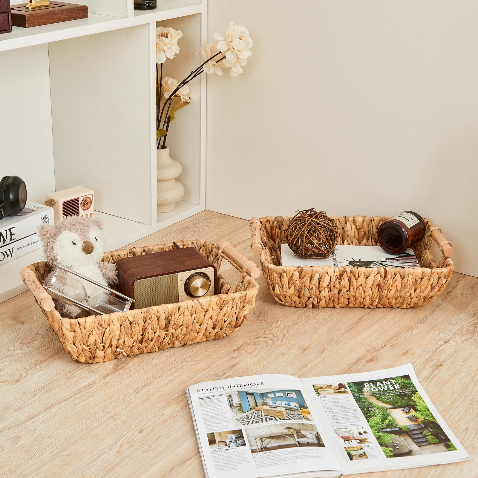 Storage Basket Hand-Woven Large Storage Baskets with Wooden Handles, Water Hyacinth Wicker Baskets for Organizing, 2-Pack