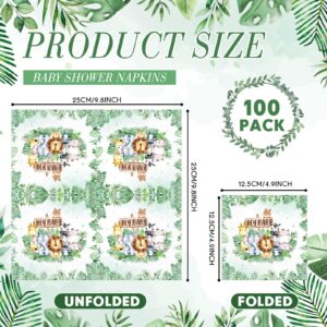 Yeaqee 100 Pcs Safari Baby Shower Napkins Jungle Animal Sage Green Paper Napkins 3 Ply Greenery Jungle Baby Shower Disposable Napkins for Animal Theme Birthday Party Supplies