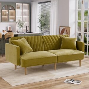 OUYESSIR Futon Sofa Bed, Convertible Sleeper Sofa with Wood Legs, 75.3“ Splitback Sofa with 2 Pillows, Velvet Futon Couch for Living Room (Olive Green)