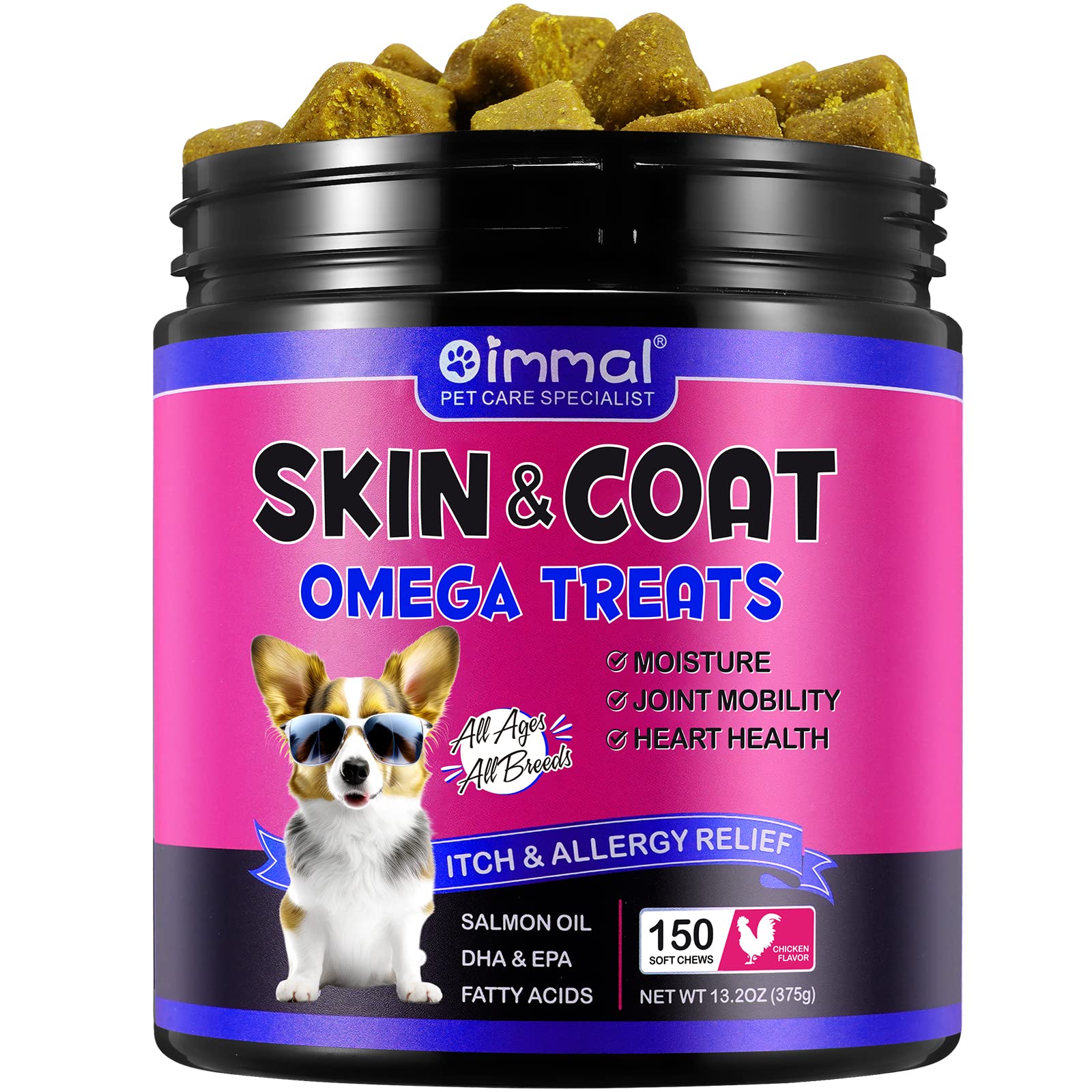 Natural Skin & Coat Chews for Dogs, Dog Vitamins and Supplements for Healthy Skin and Coat with Chicken Flavor, Itch Relief for Dogs with Allergies, Dog Vitamins and Supplements, Omega 3