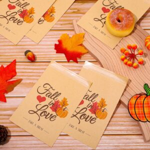 Whaline 100 Pack Fall Wedding Favor Candy Bags Fall in Love Treat Bags Pumpkin Maple Leaves Self-Adhesive Buffet Kraft Paper Cookie Bags Party Favor Snack Bags for Autumn Wedding Gift, 5x7.1 Inch