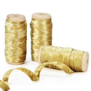 keypan gold velvet ribbon double-sided handmade glossy fabric trim wooden spool thin ribbon for christmas tree gift wrapping crafts wedding flower bouquet 3/8 inch x 5yd 3 rolls