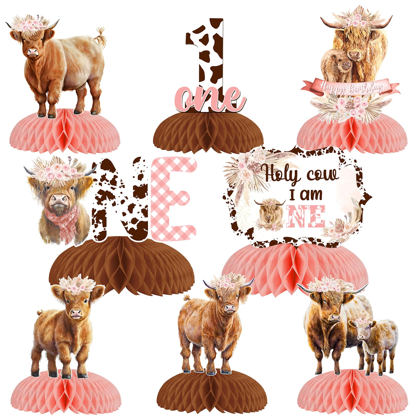 8 Pack Highland Cow Honeycomb Centerpieces Highland Cow 1st Birthday Decorations Girl Boho Floral Highland Cattle Table Decorations for Farm Animal Holy Cow Im One Birthday Party