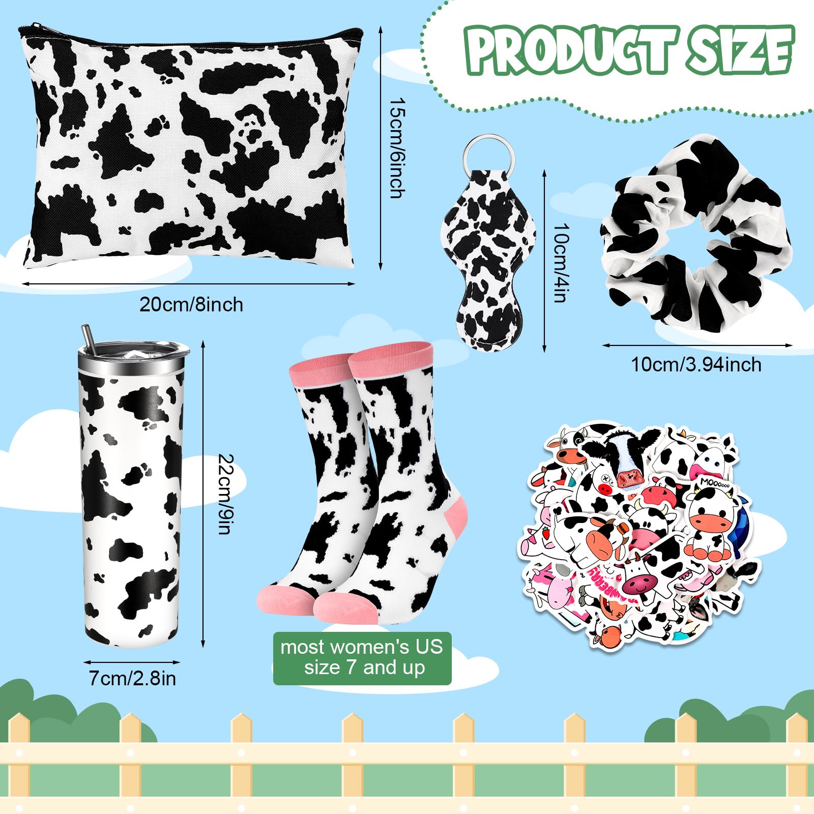 Bokon Cow Print Stuff for Girls, Cow Themed Set Include 50" x 60" Warm Plush Cute Blankets 20 oz Cow Tumbler Socks Cosmetic Bag Lipstick Holder Scrunchies Cow Sticker for Cow Lover