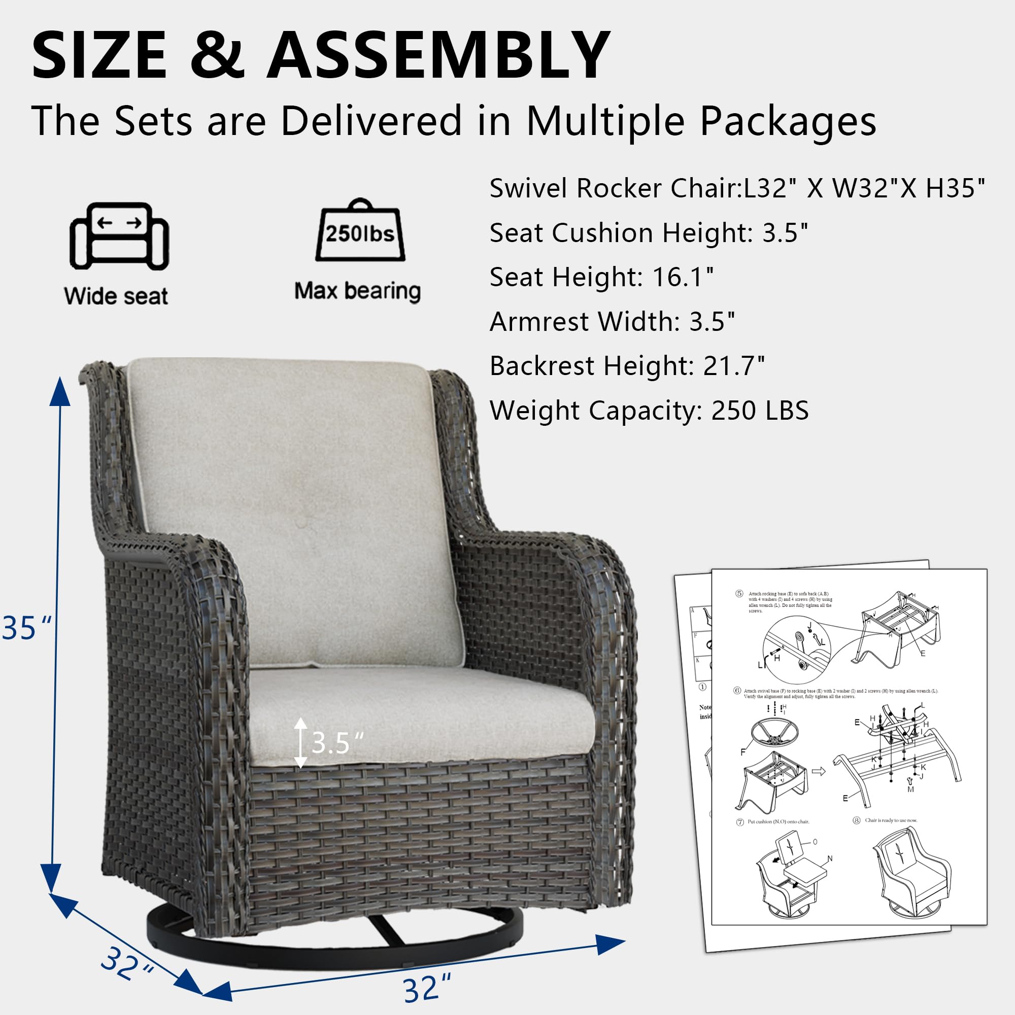 MeetLeisure Outdoor Swivel Rocker Patio Chairs Set of 2 - Outdoor Wicker Swivel Glider Chairs 2 Pieces with Olefin Fabric Cushions Suitable for Backyard Deck and Porch(Mixed Grey/Beige)