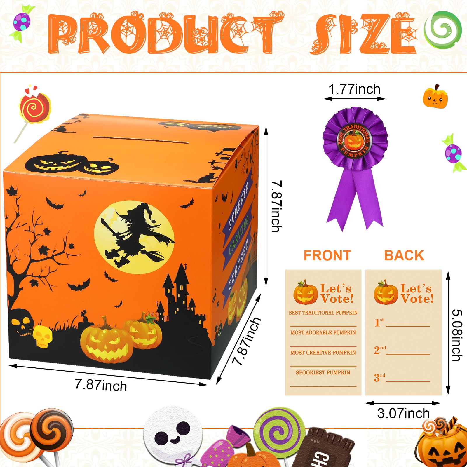 Sasylvia 58 Pcs Halloween Pumpkin Carving Contest Awards Kit Including Halloween Ballot Box 50 Voting Cards 7 Pumpkin Carving Prize Award Ribbons for Pumpkin Carving Game Party Decoration