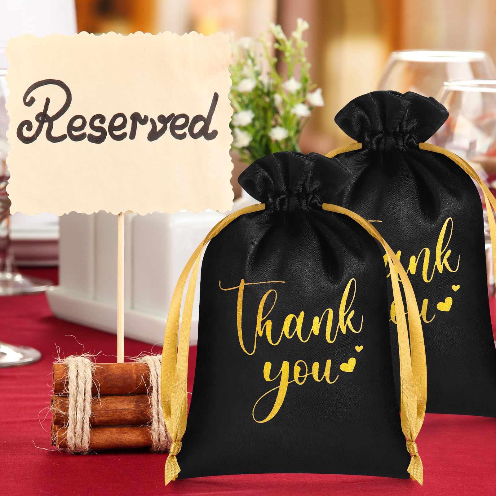 PerKoop 30 Pcs Thank You Bags Wedding Satin Gift Bags 5 x 7 Inches Drawstring Jewelry Pouches Small Candy Bags for Guest Wedding Birthday Baby Shower Business Party Favors Bags(Black)